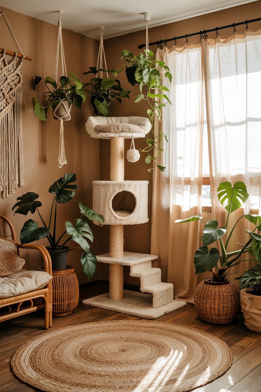 15+ Boho Living Room and Bedroom Cat Tree Ideas You’ll Love