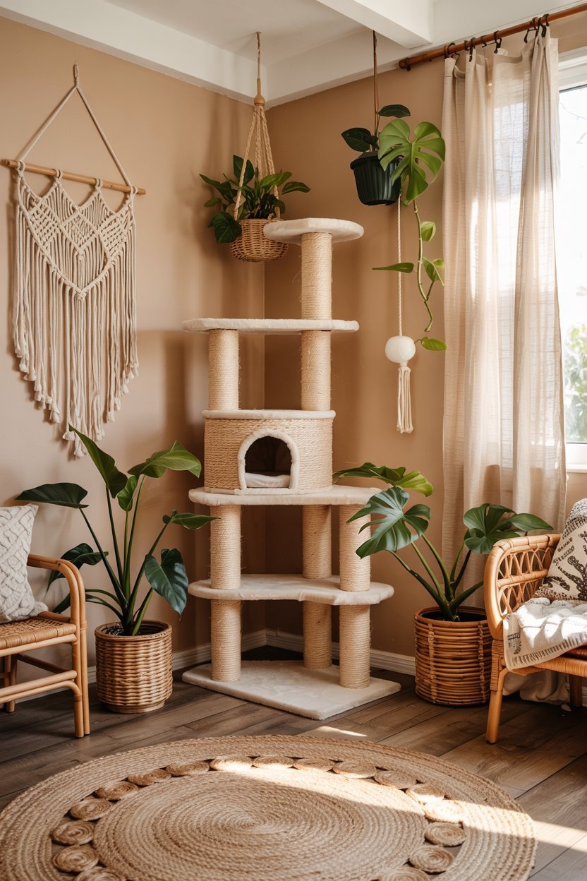 15+ Boho Living Room and Bedroom Cat Tree Ideas You’ll Love