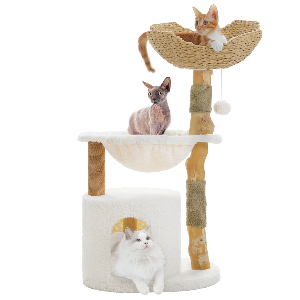 Modern Wood Cat Tree Tower with Large Wicker Basket & Plush Hammock