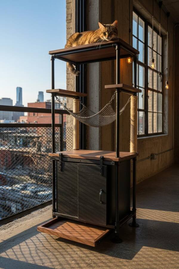 10+ Farmhouse & Industrial Cat Condos That Conceal Litter Boxes (and Mess)